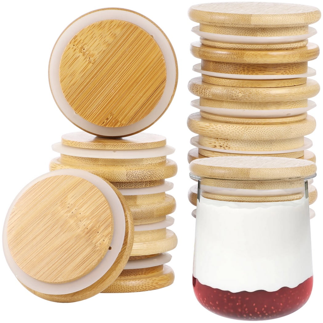 12PCS Reusable Bamboo Lids, Airtight Oui Yogurt Jar Lids, Natural Bamboo Wood Lid, Regular Mouth ...