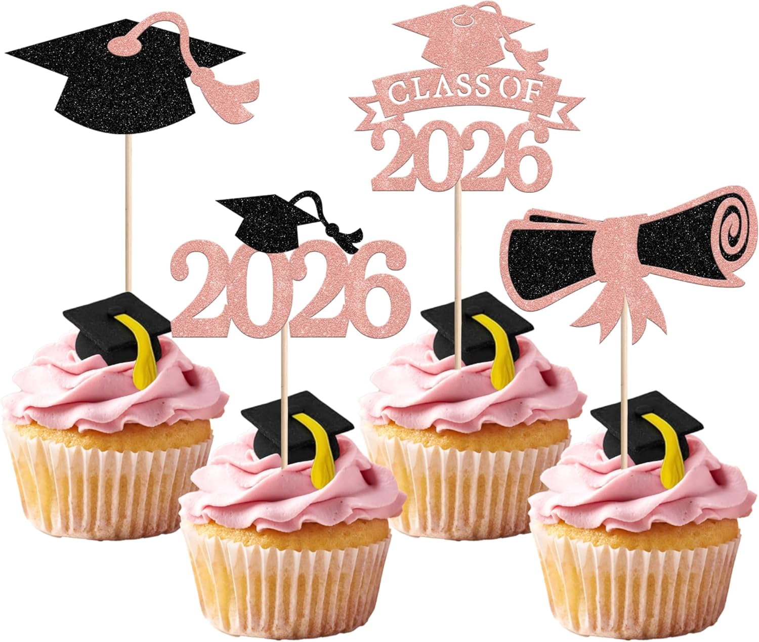 12PCS Rose Gold Glitter 2026 Graduation Cupcake Toppers, Cap & Diploma ...