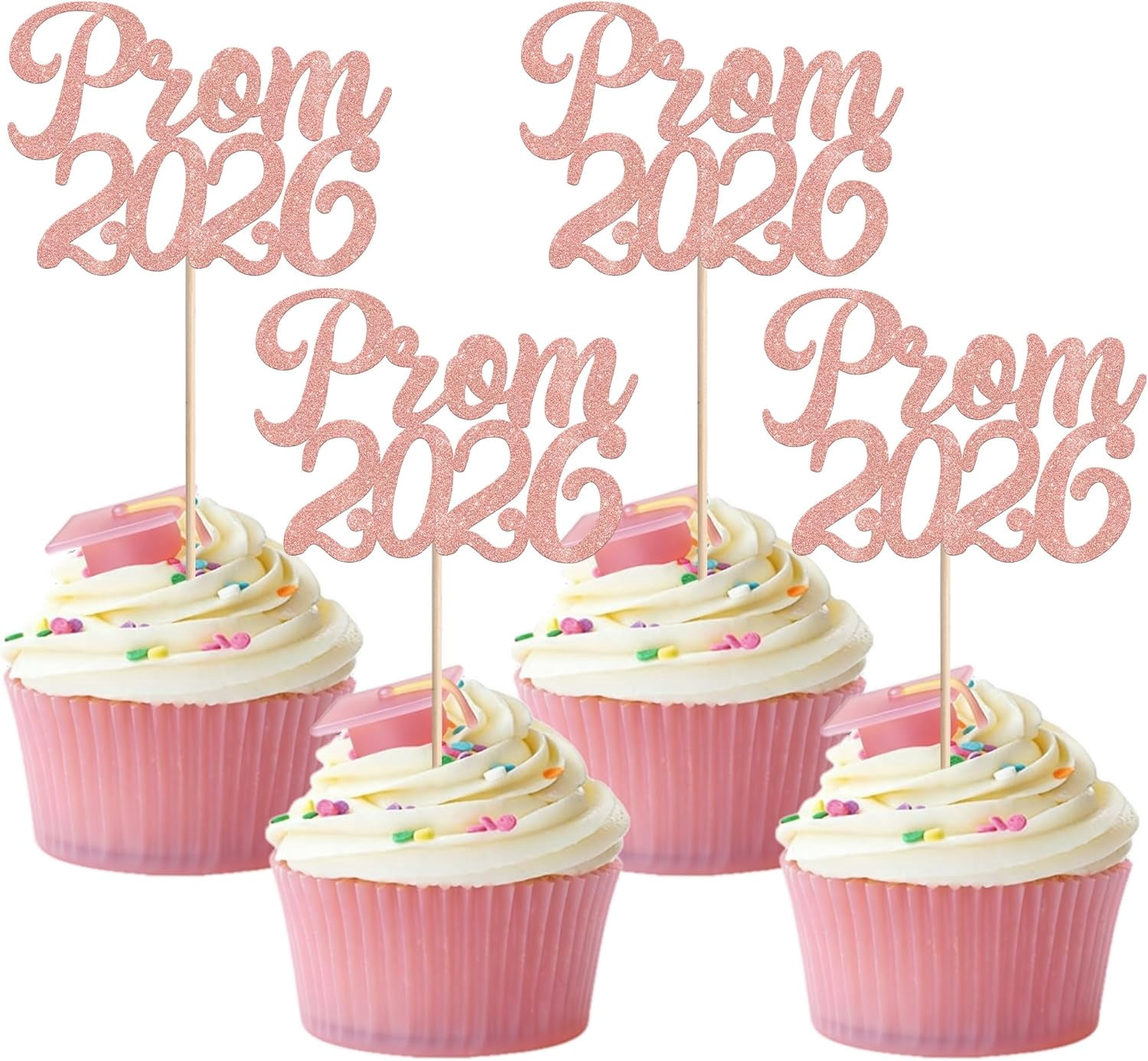 12PCS Rose Gold Glitter "Prom 2026" Cupcake Toppers, High School Dance ...