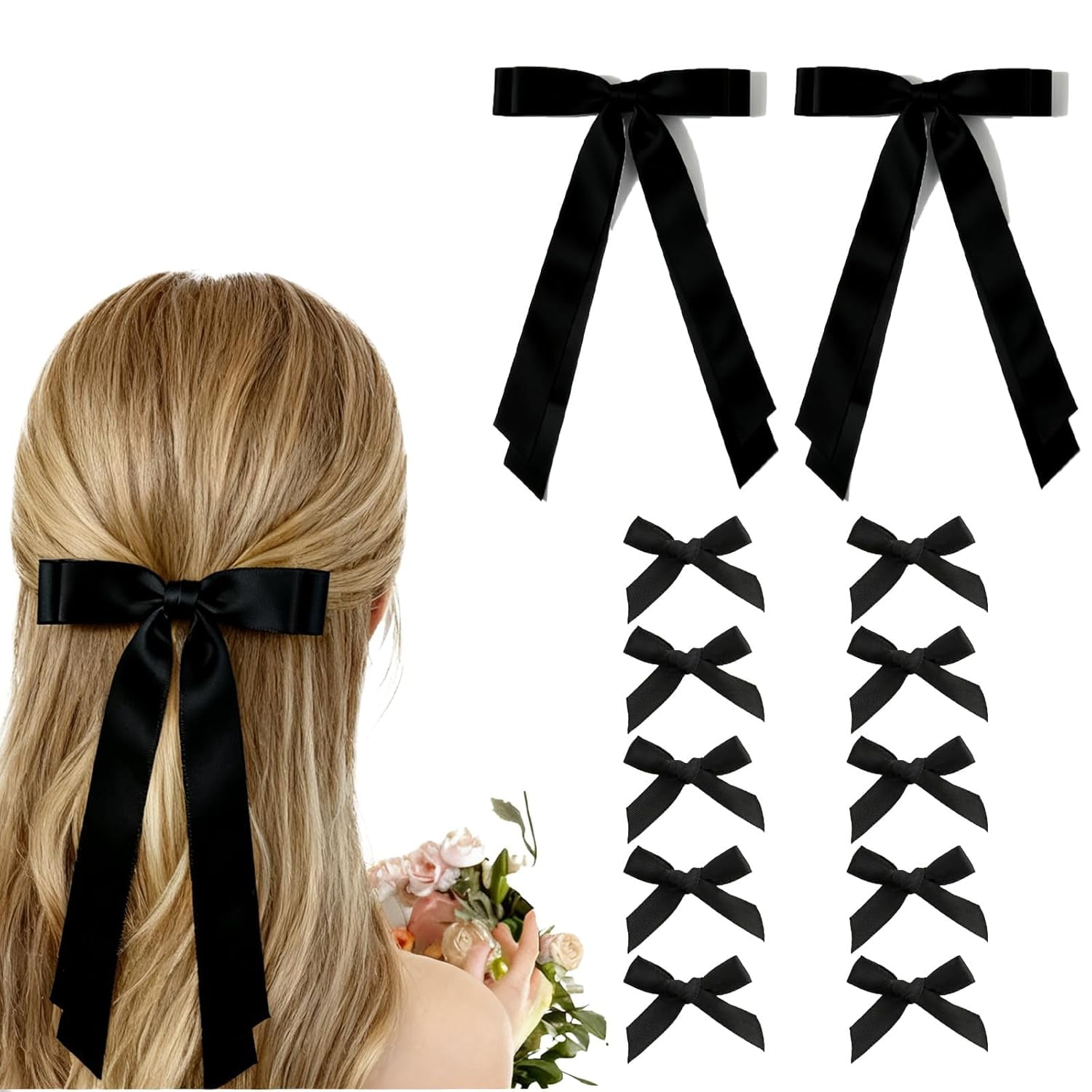 12PCS Silky Satin Hair Bow Clips with Alligator Clips, Long Tail Ribbon ...