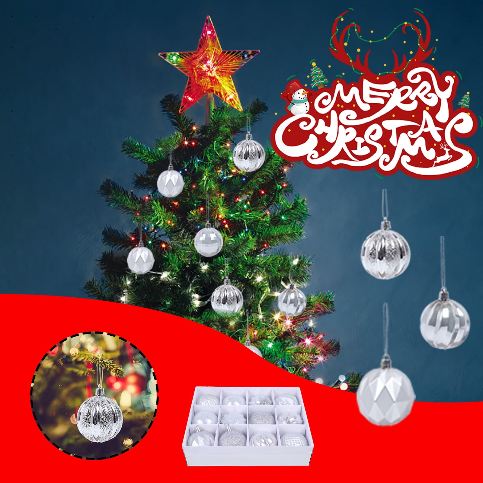 12PCS Silver Christmas Ball Ornaments Shatterproof Silver Christmas ...