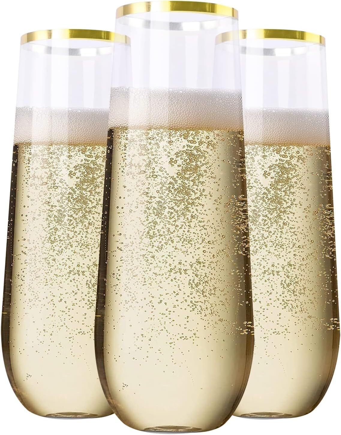12PCS Stemless Plastic Champagne Flutes, 9 Oz Gold Rim Clear Plastic ...