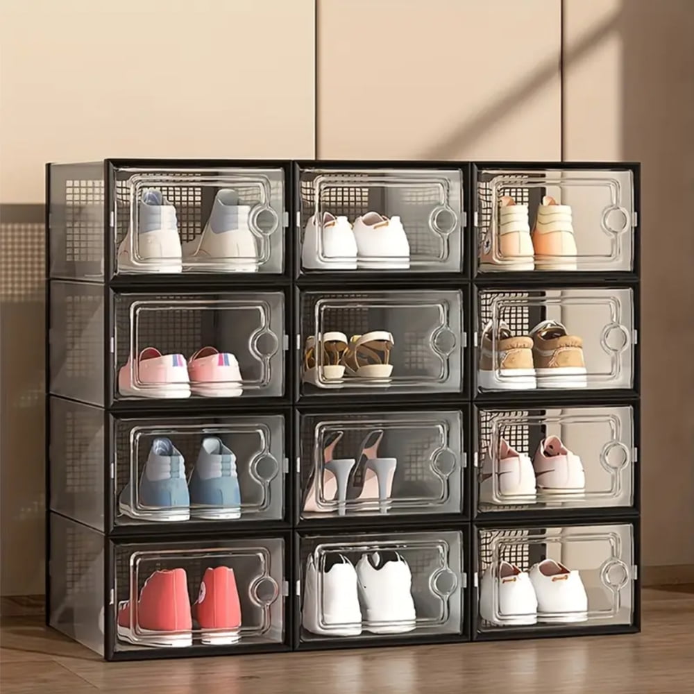 12PCS Thick Transparent Shoe Box with Lid, Foldable & Stackable Plastic ...