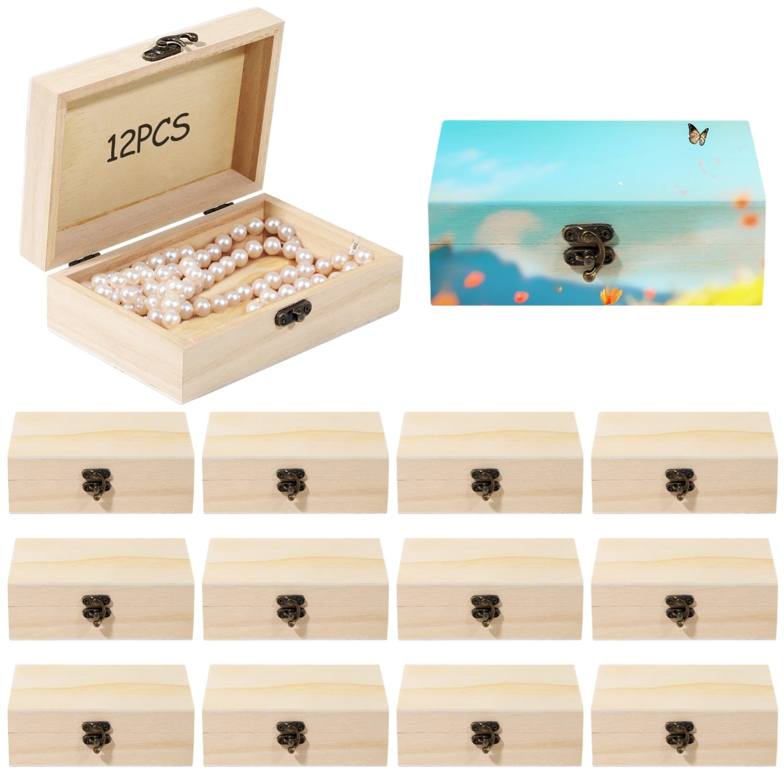 12PCS Unfinished Wooden Boxes, Wood Small Craft Unpainted Boxes with ...