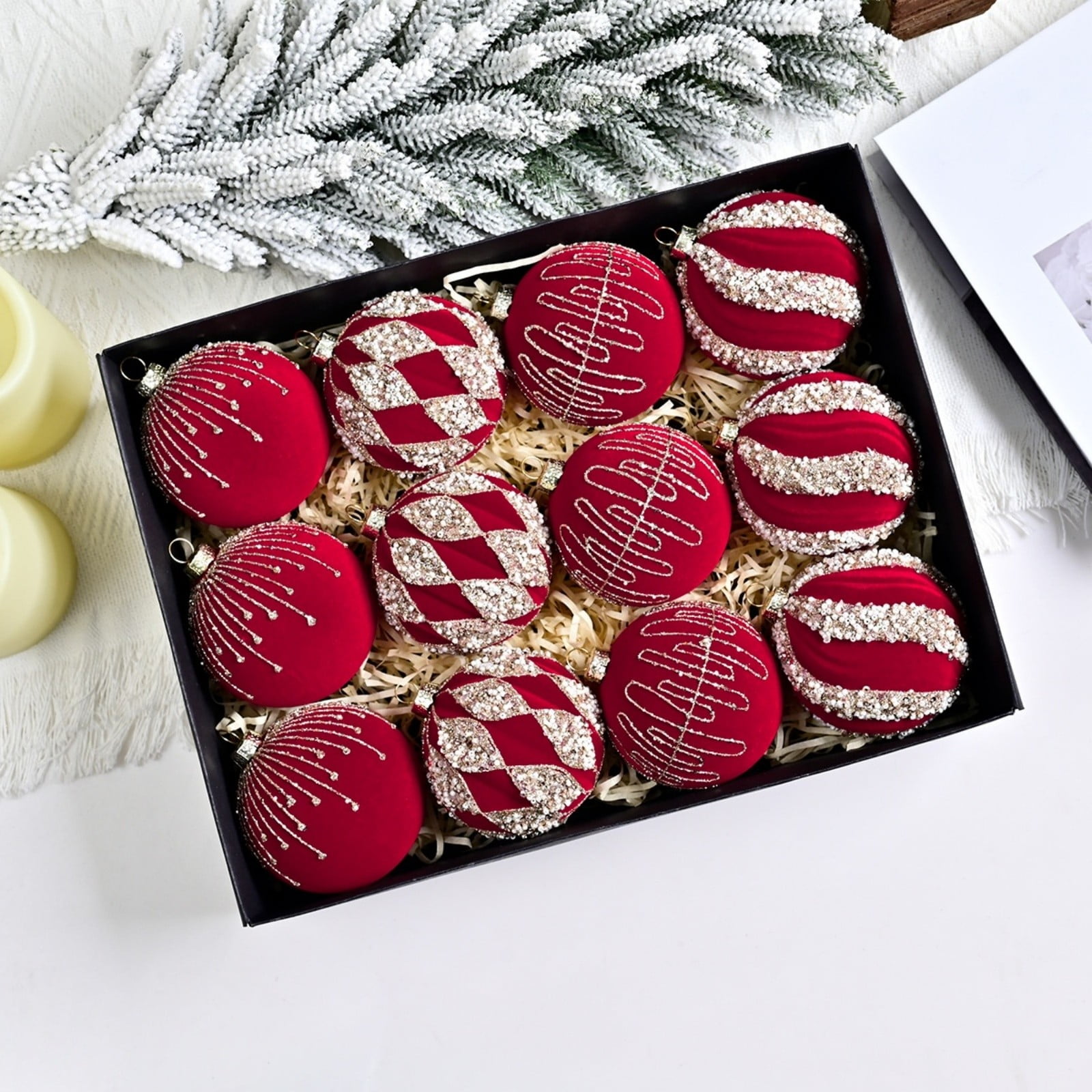 12PCS Velvet Christmas Balls Ornaments Set 3.15 inch 80MM Flocked ...