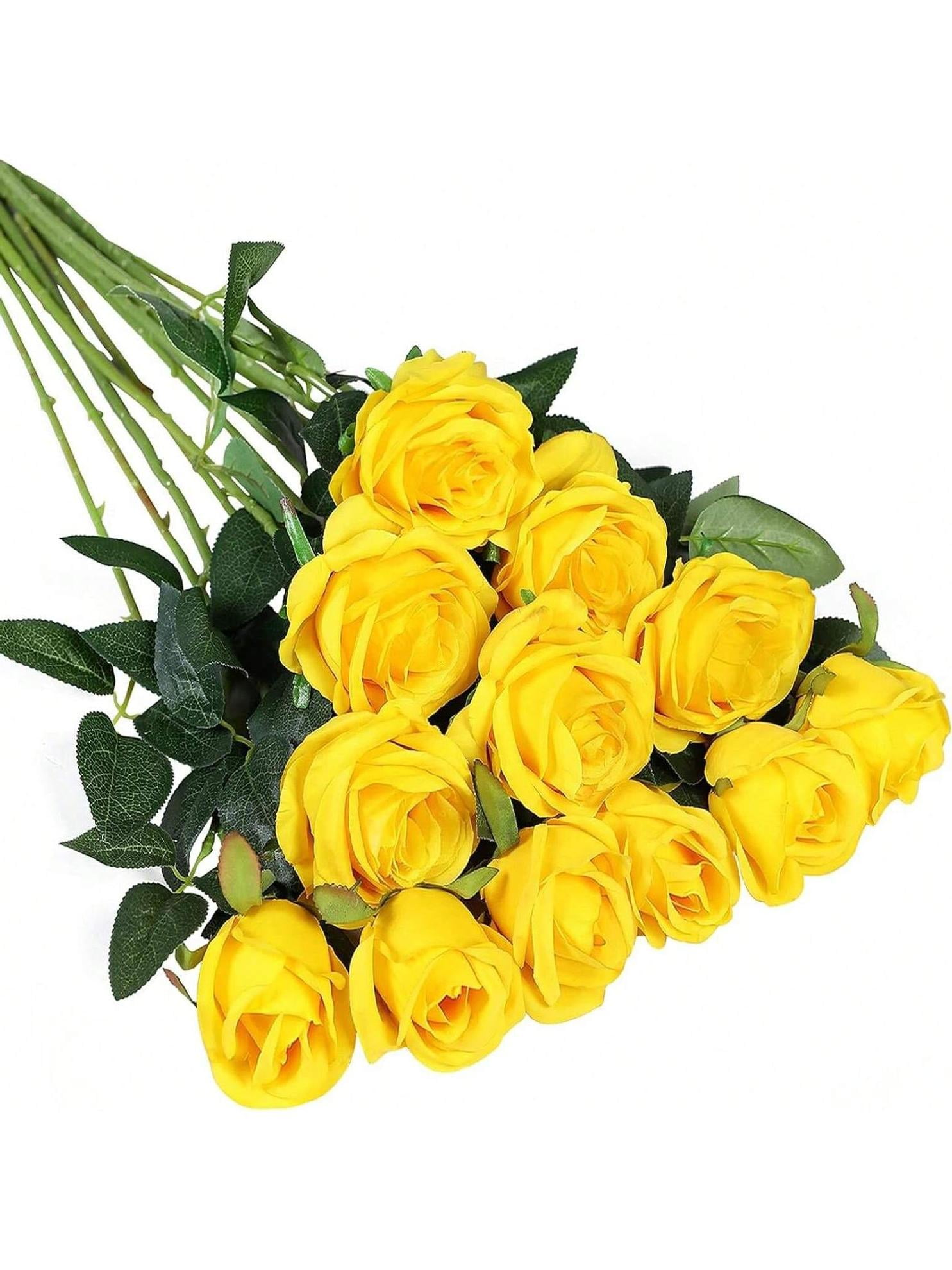 12PCS Yellow Artificial Roses Valentine's Day Wedding Decoration DIY ...