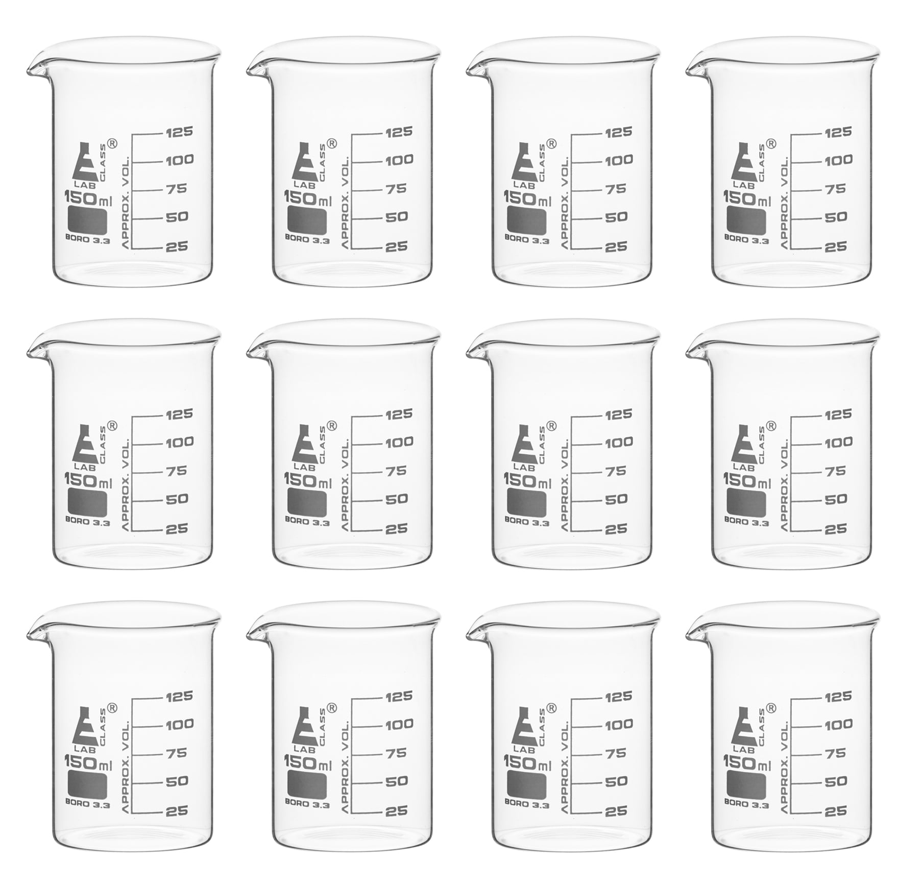 12PK Beakers, 150mL - Low Form with Spout - White, 25mL Graduations - Borosilicate 3.3 Glass ...