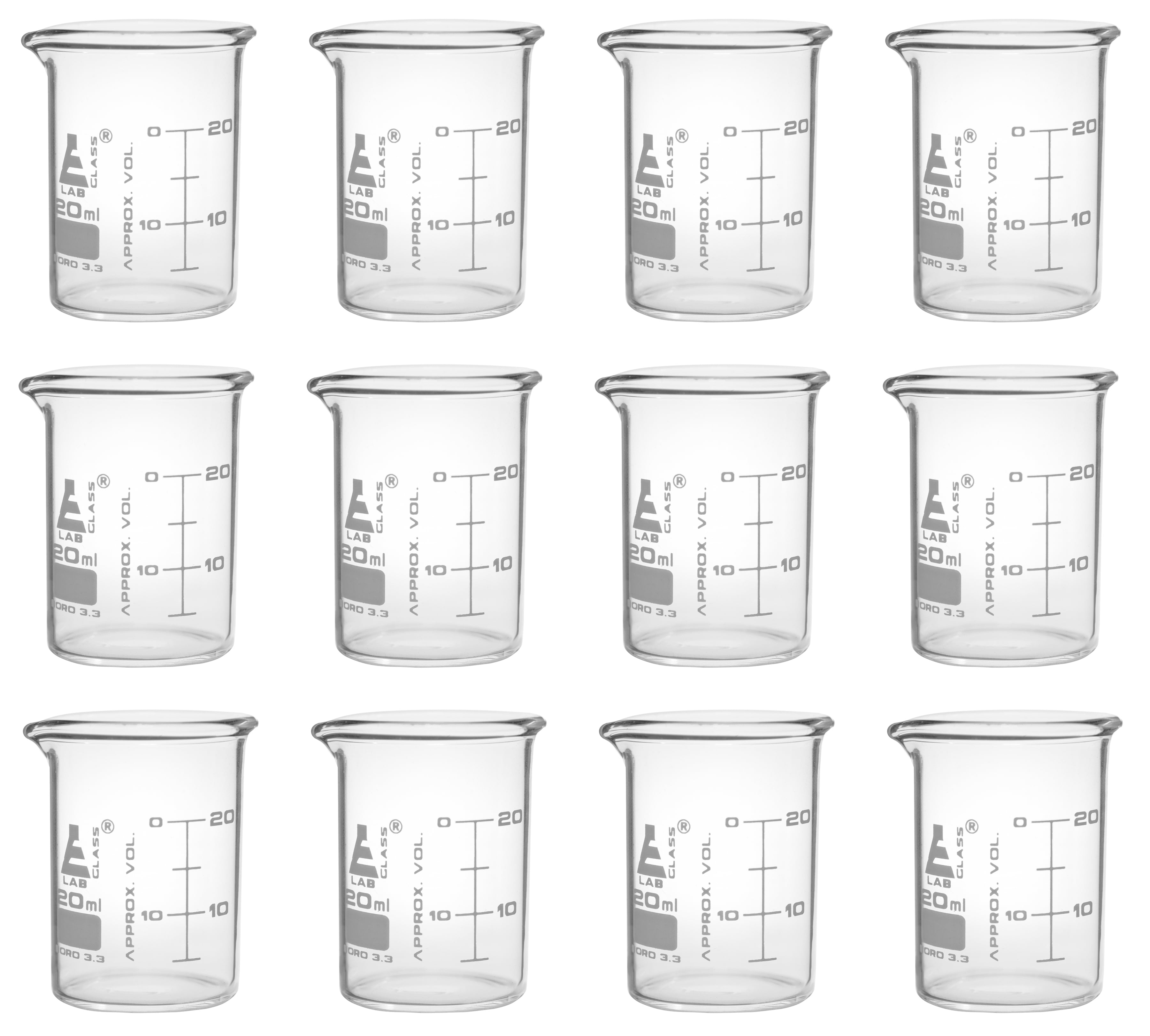 12PK Beakers, 20ml - ASTM - Low Form with Spout - Dual Scale, White ...