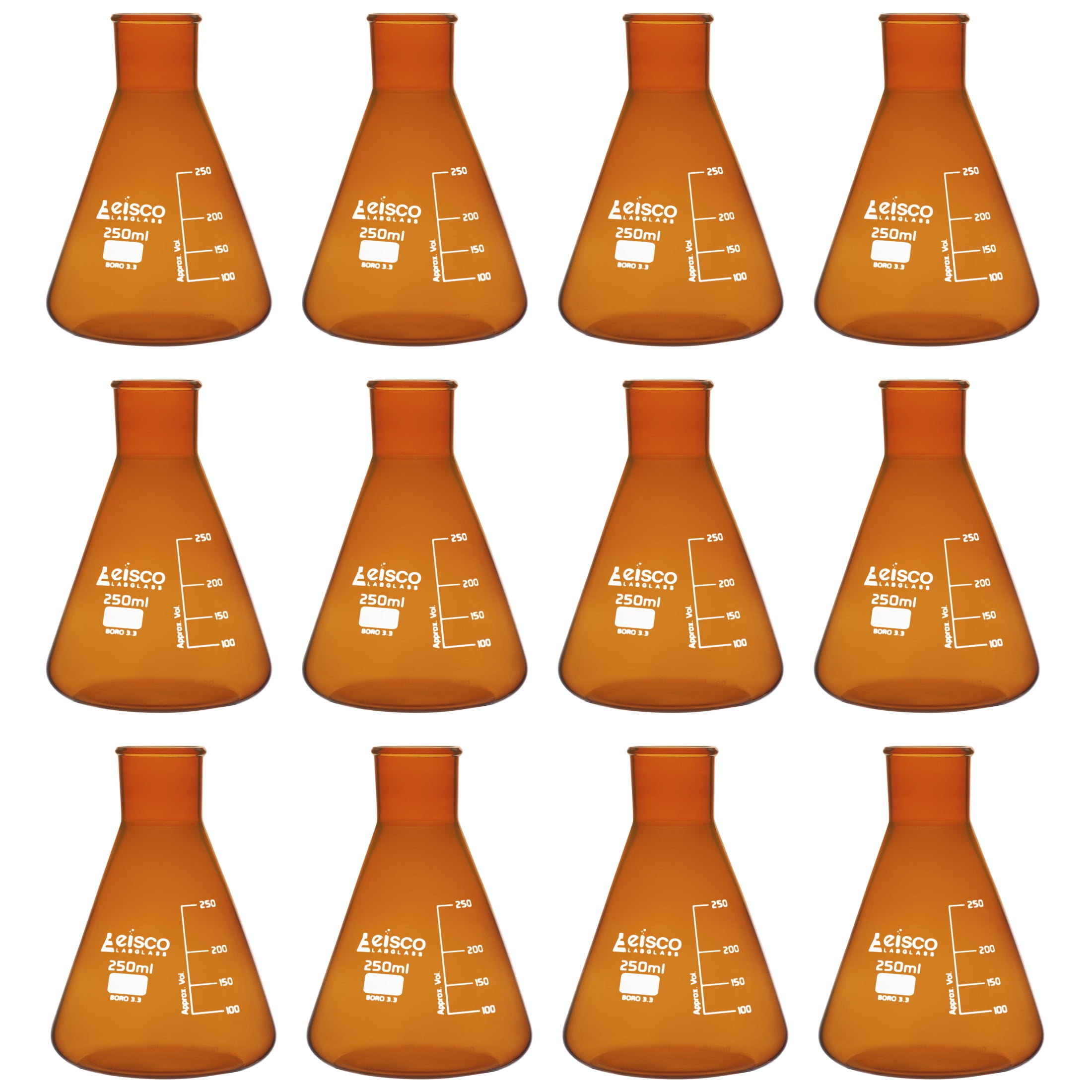 12PK Erlenmeyer Flask, Amber, 250mL - Borosilicate Glass - Narrow Neck Flasks, Conical Flasks ...