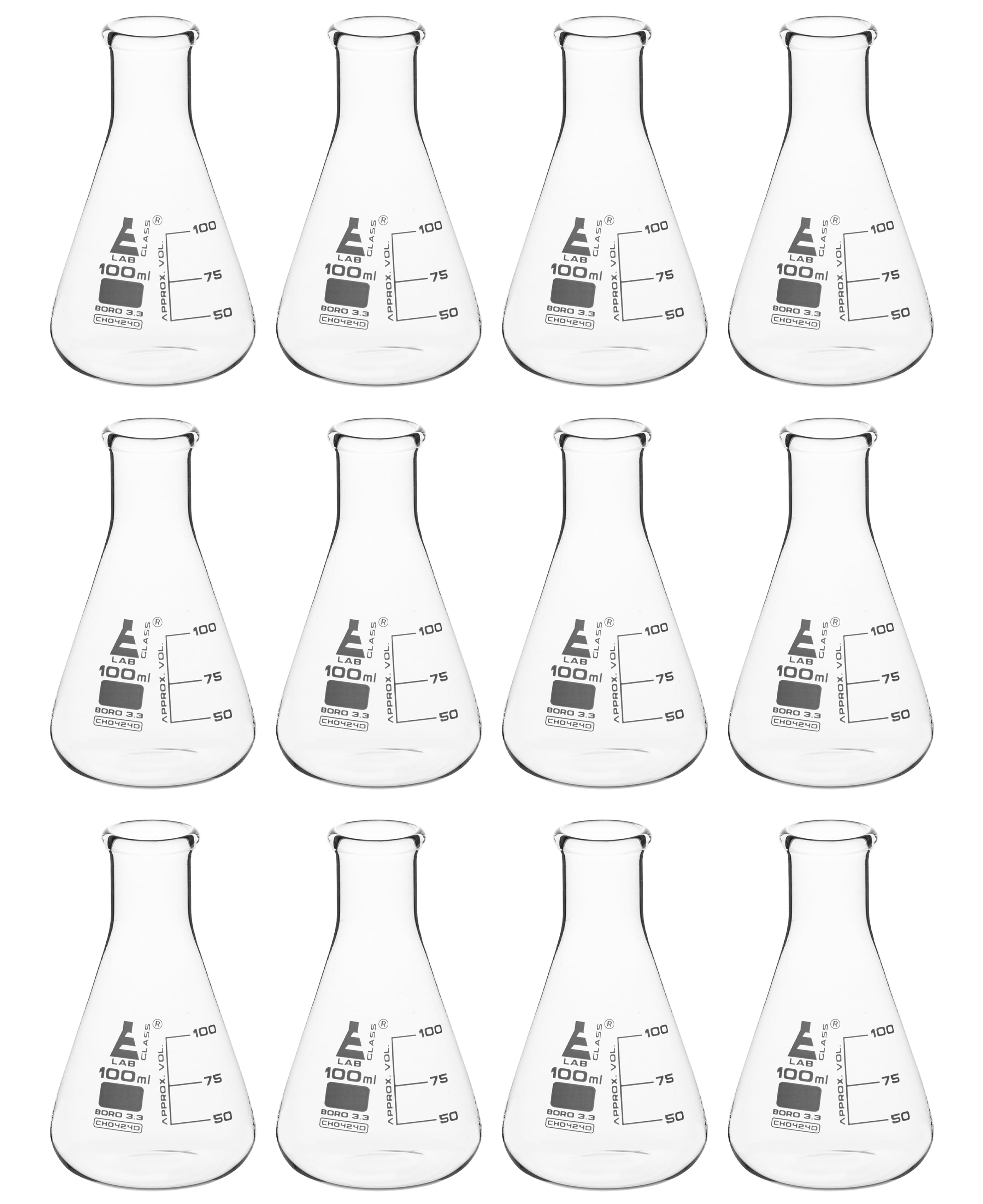 12PK Erlenmeyer Flasks, 100mL - Borosilicate Glass - Narrow Neck Flasks ...