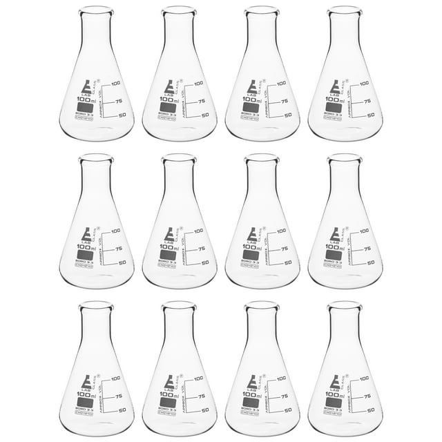 12PK Erlenmeyer Flasks, 100mL - Borosilicate Glass - Narrow Neck Flasks, Conical Flasks, Glass ...