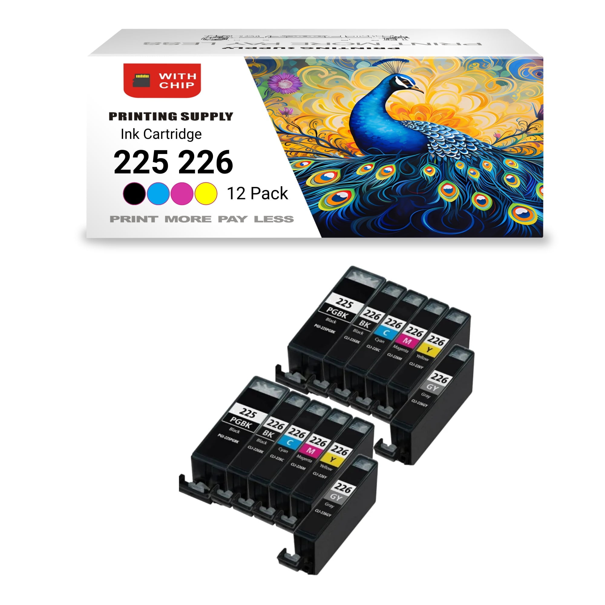 Generic Brand, 12-Pack Ink Cartridge for Canon 225 226 PGI225 BK CLI226 ...