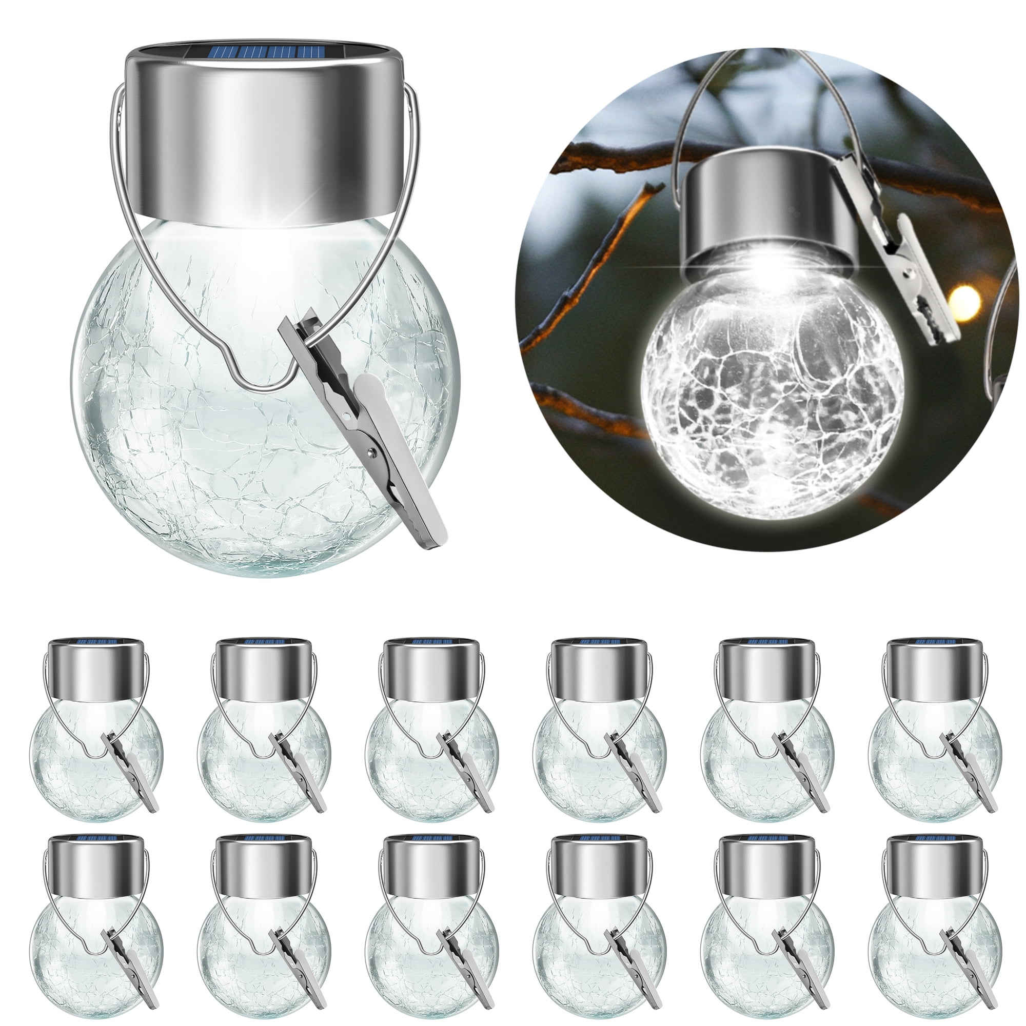 GuardWee 12PK Hanging Solar Lights, Outdoor Crackle Glass Ball ...