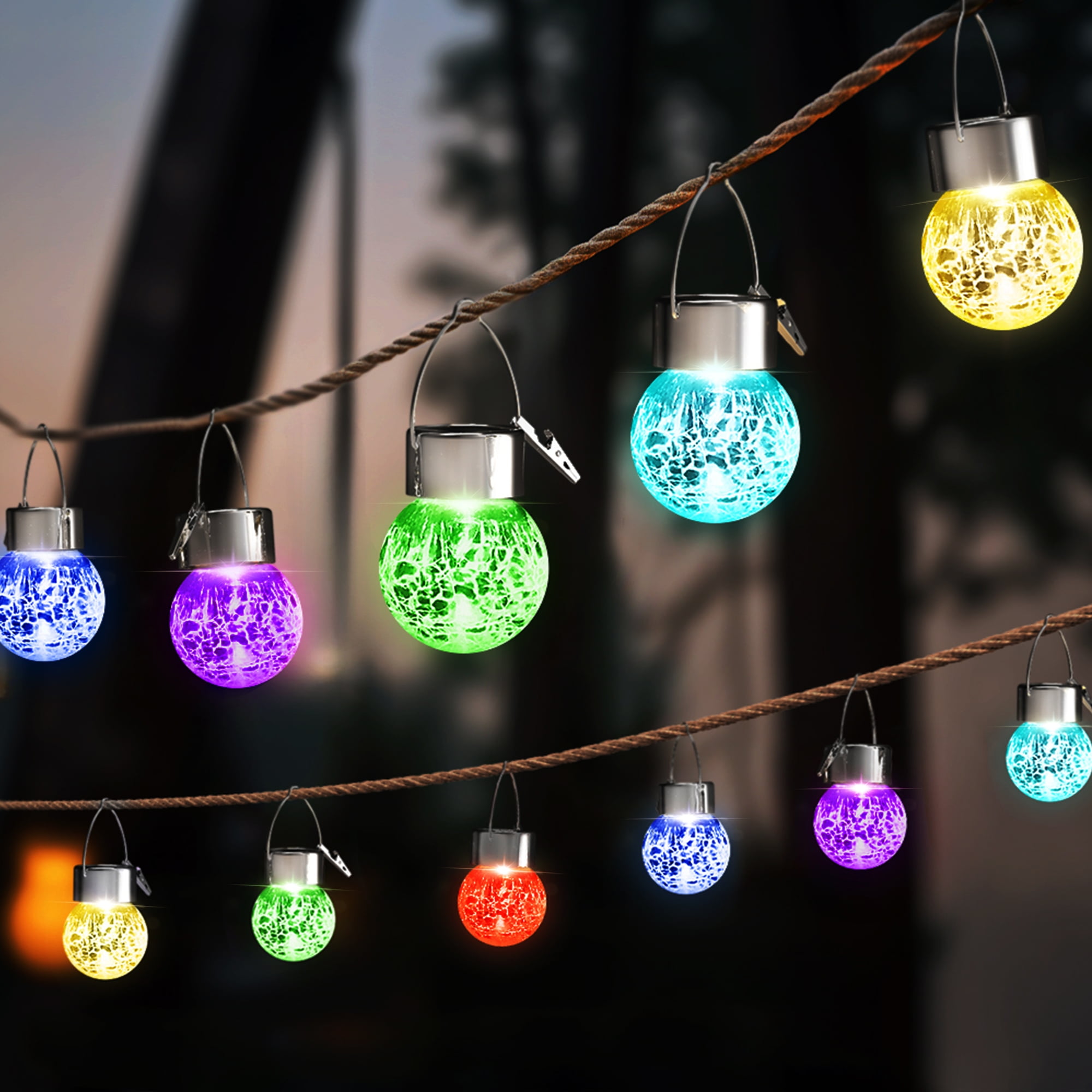 12PK Outdoor Hanging Solar Lights Solar Powered Crackle Glass Ball ...