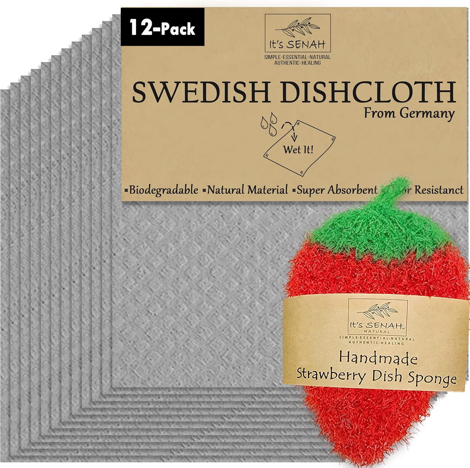 [12Pack+1Loofah Dish Sponge] 100% Natural Biodegradable Swedish ...