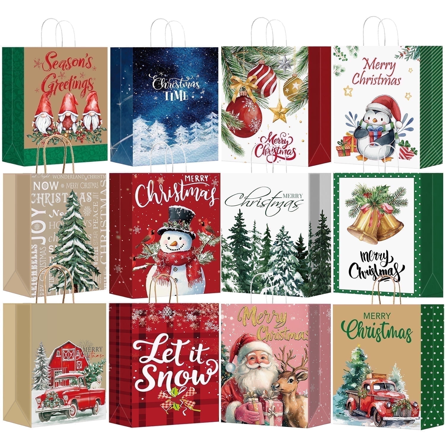 12 Pack Large Christmas Bags with Handles, Christmas Paper Bags ...