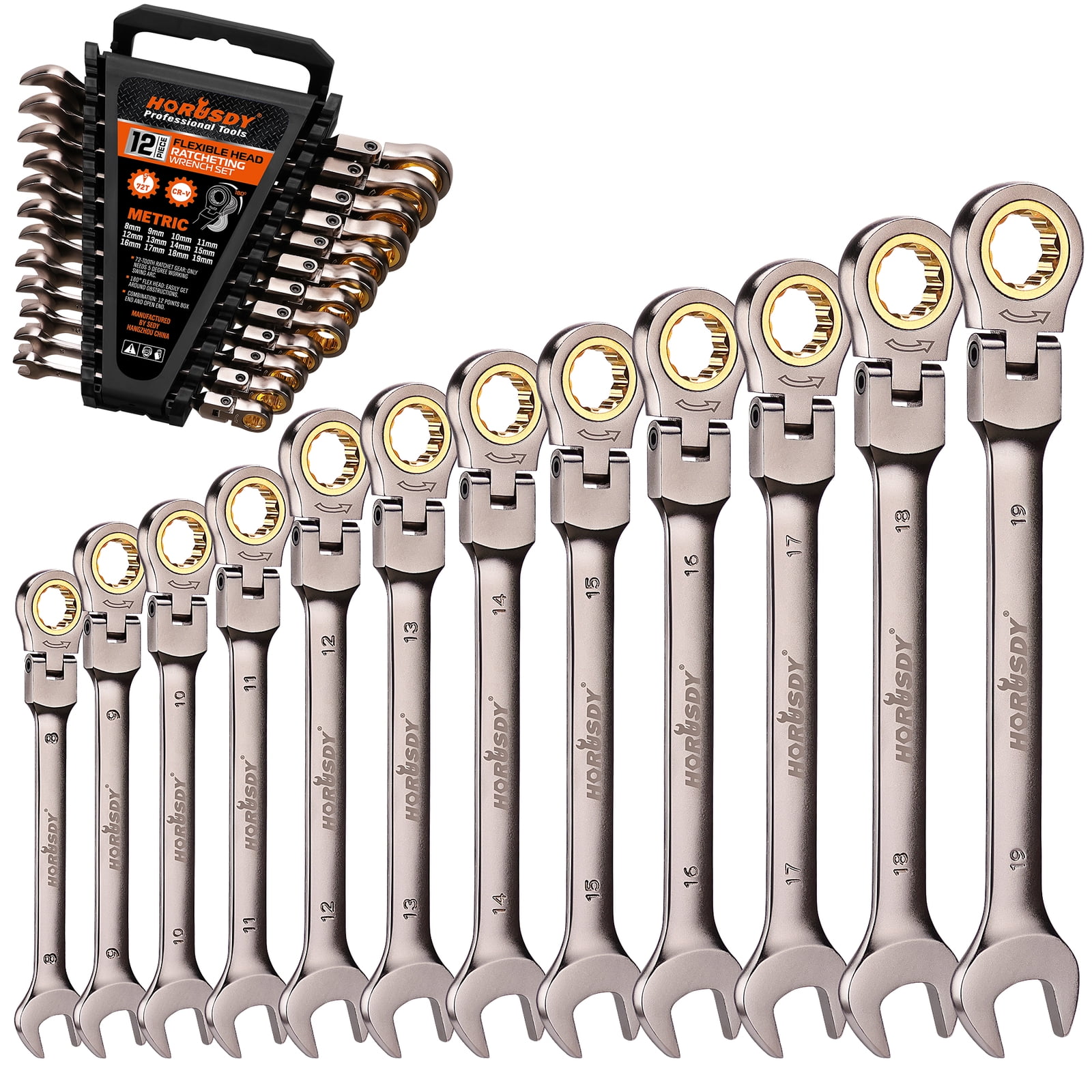 12Pc 8-19mm Metric Flexible Head Ratcheting Wrench Combination Spanner ...