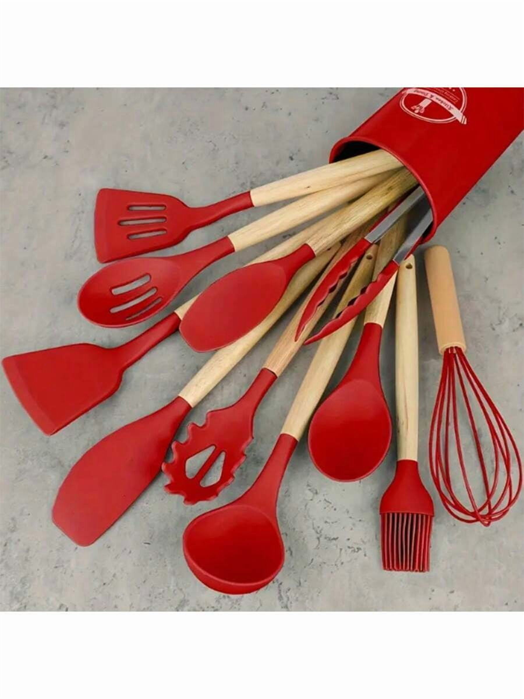 12Pc High-End Non-Stick Silicone Kitchen Utensils - Ergonomic Wooden ...