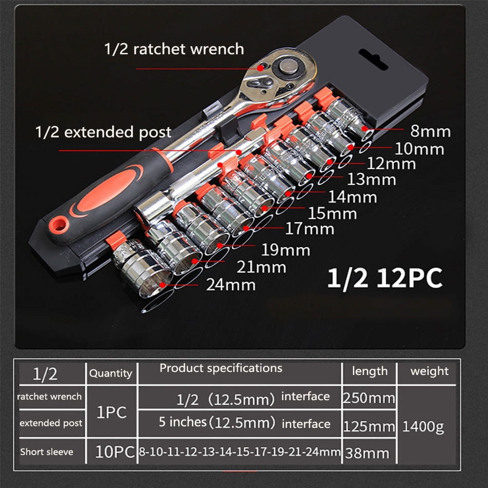 12Pcs 1/4 3/8 1/2 Inch Ratchet Socket Wrench Set Multi-function Spanner Bicycle Motorcycle Car ...
