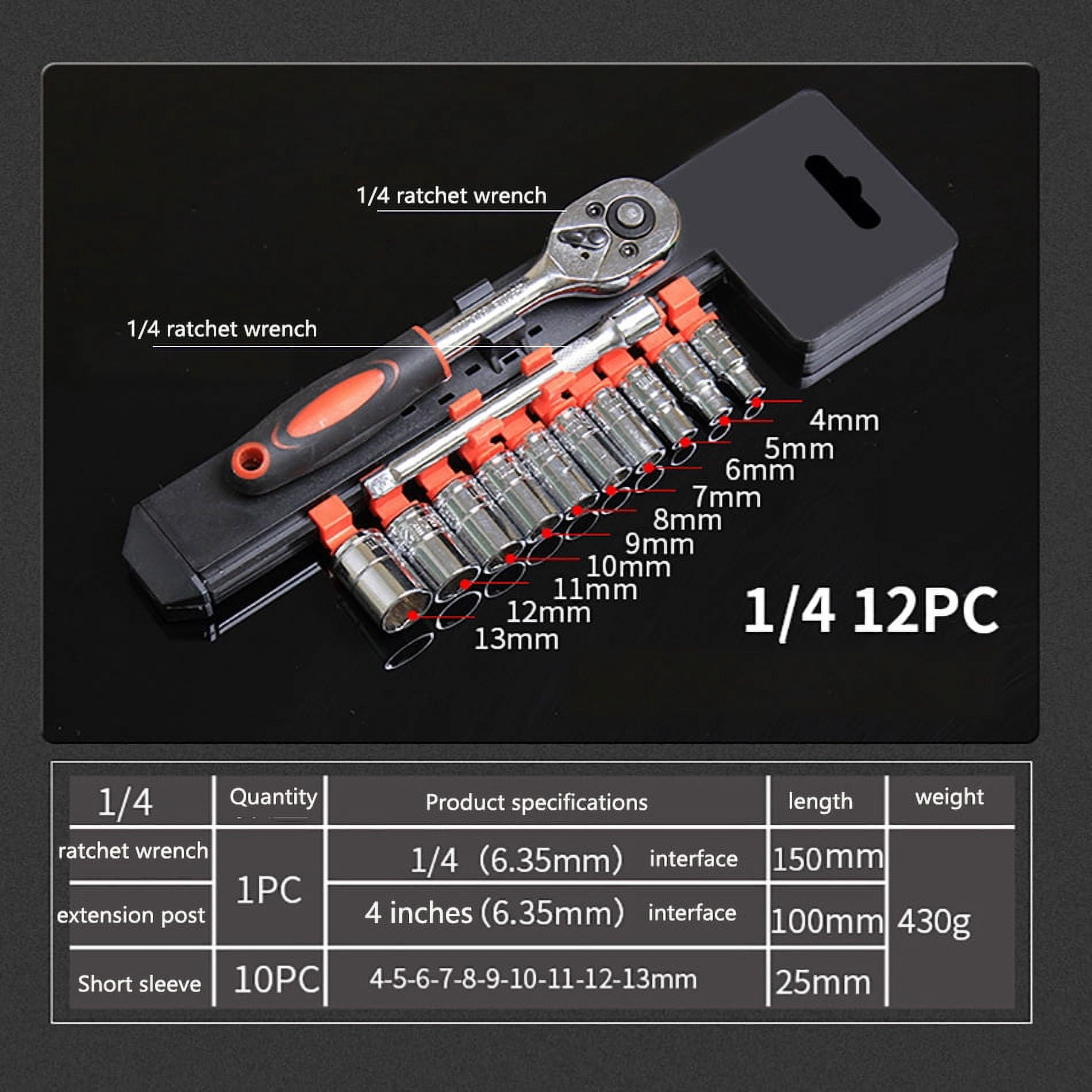 12Pcs 1/4 3/8 1/2 Inch Ratchet Socket Wrench Set Multi-function Spanner ...