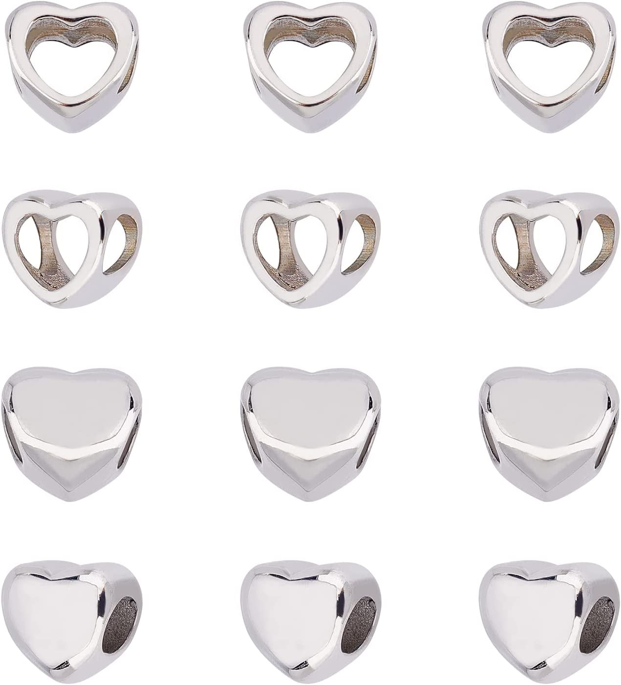12Pcs 10mm 2 Style Stainless Steel Heart European Beads Heart Spacer ...