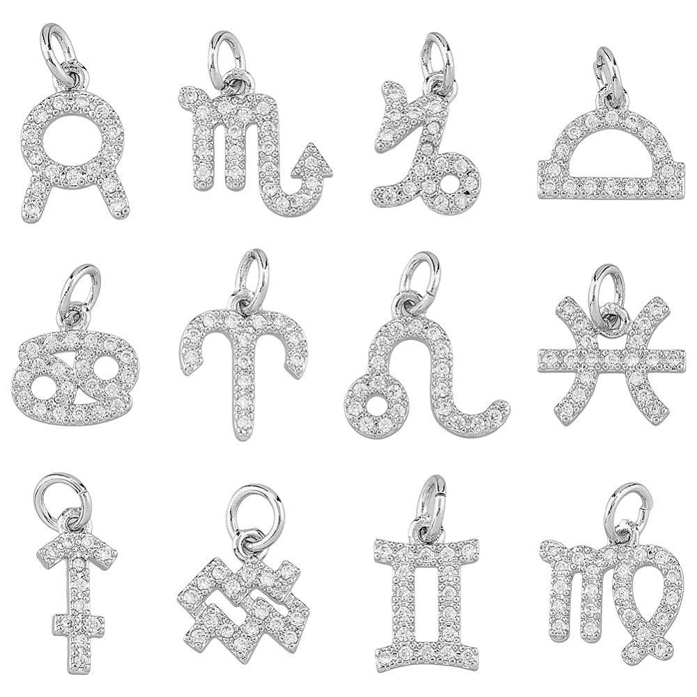 12Pcs 12 Style Brass Micro Pave Cubic Zirconia Charms 12 Constellations ...
