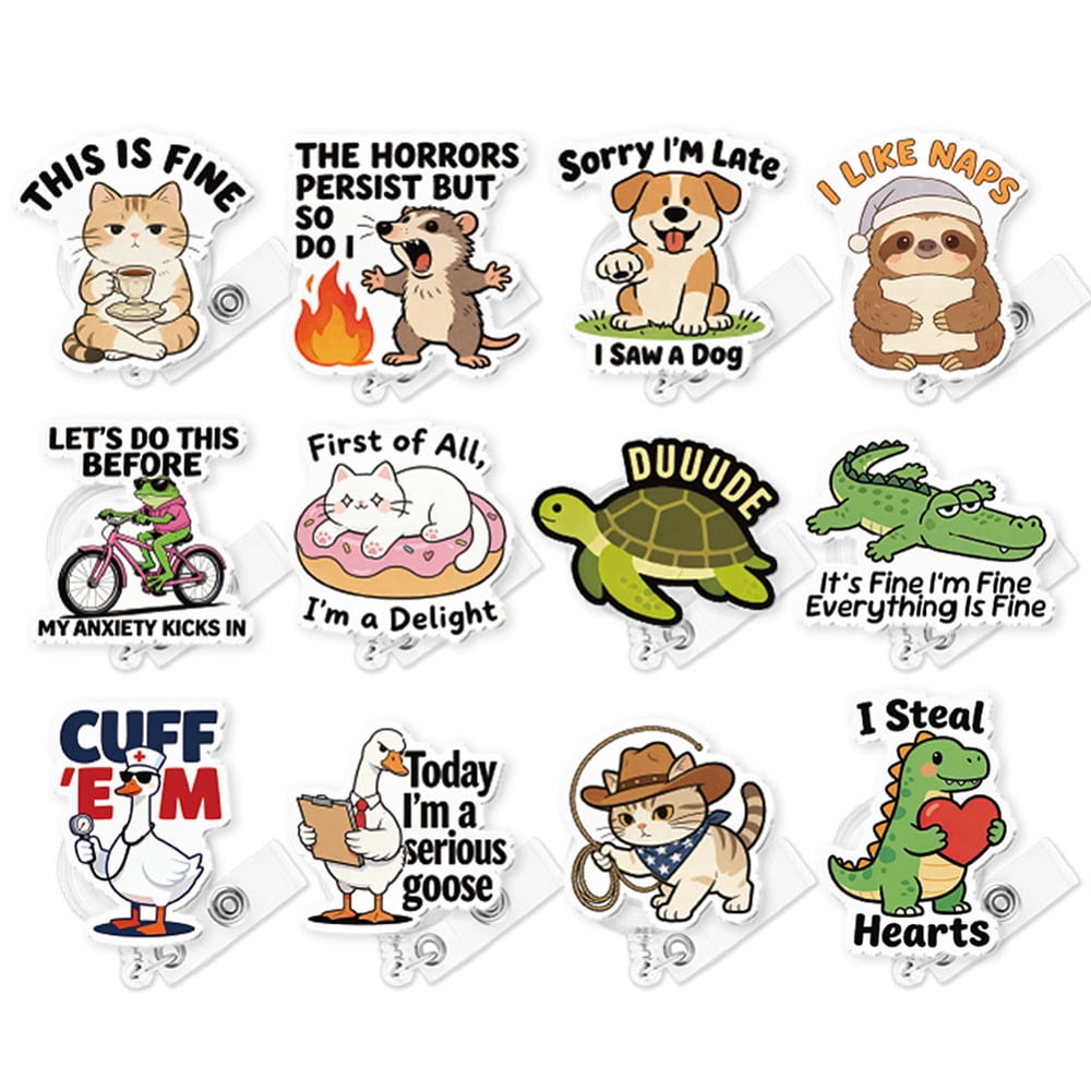 12Pcs 12 Styles Acrylic Retractable Badge Reel Card Holders Animals 55 ...