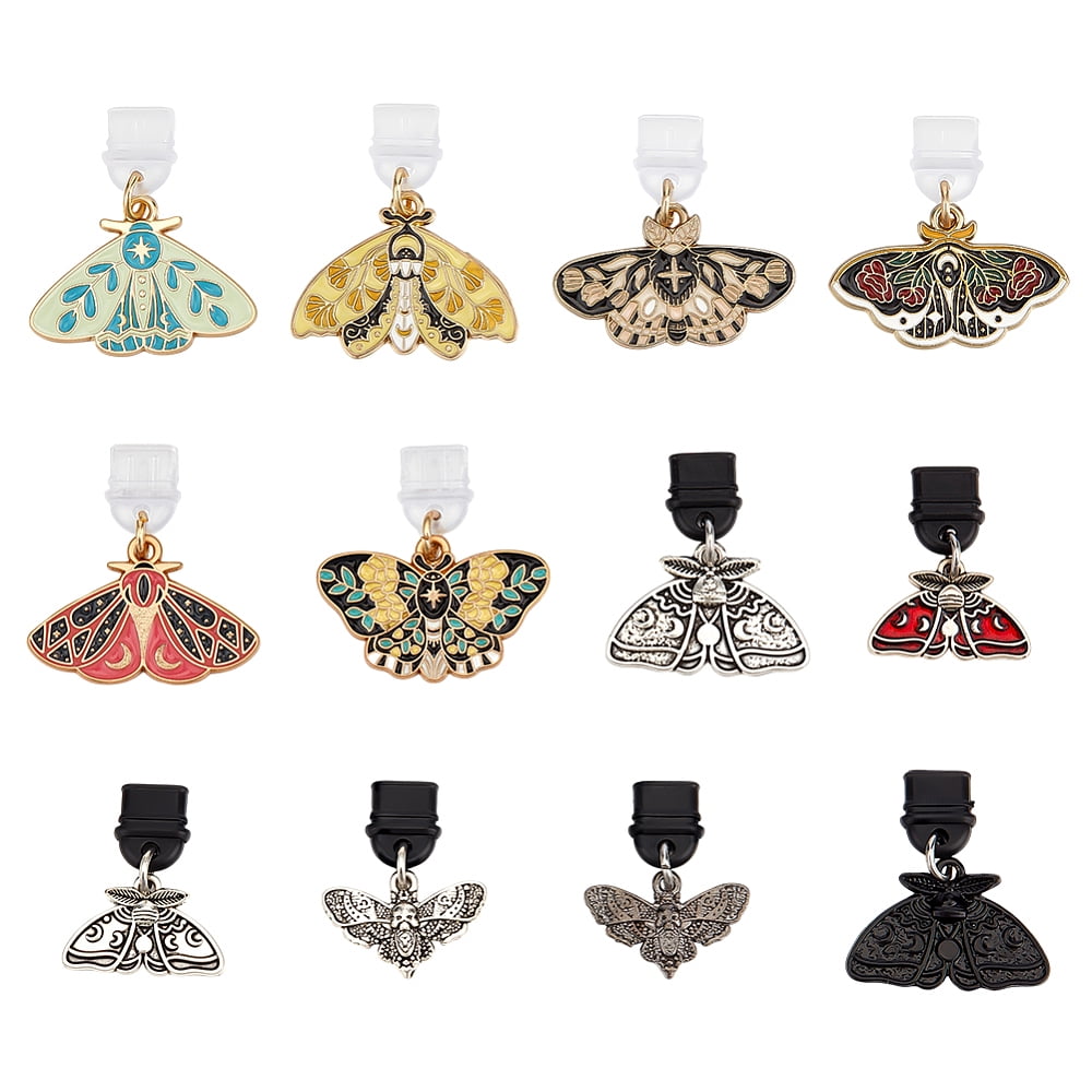 12Pcs 12 Styles PVC Mobile Dustproof Plugs with Alloy Enamel Moth ...
