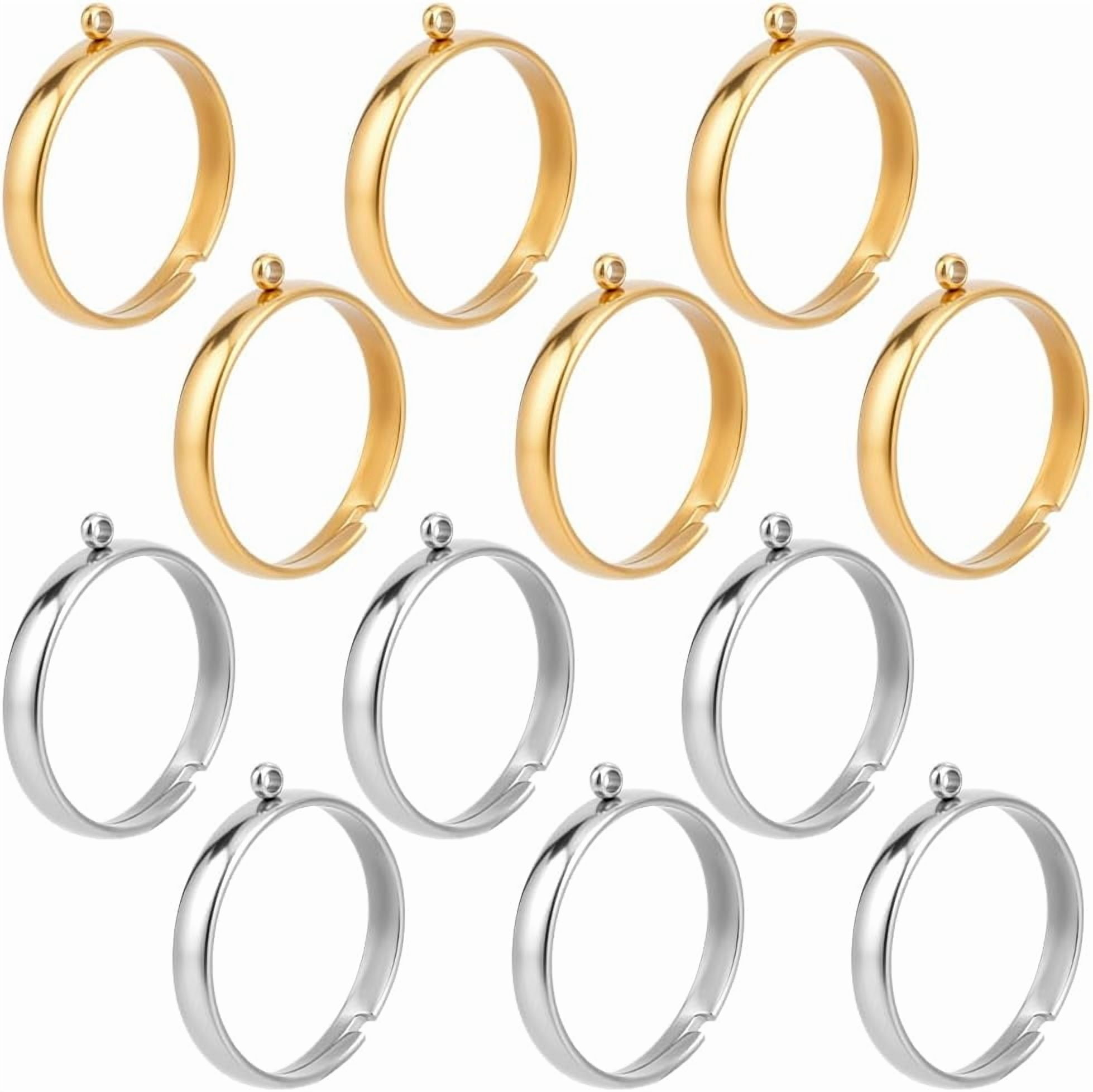12Pcs 2 Colors Blank Ring Base with Loop 304 Stainless Steel Ring Base Golden Adjustable Open ...