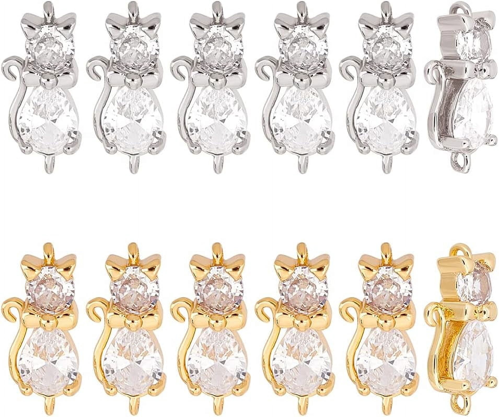 12Pcs 2 Colors Brass Cat Clear Cubic Zirconia Connector Charms 18x8mm ...