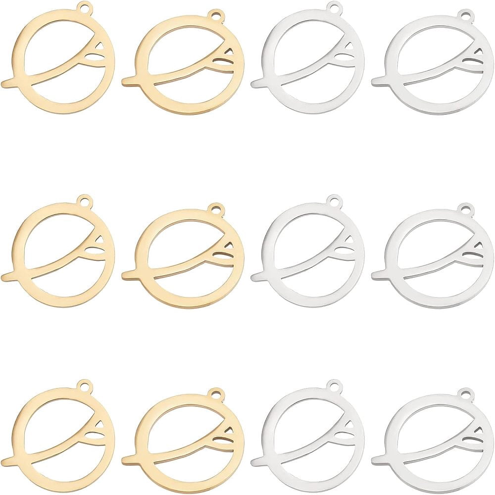 12Pcs 2 Colors Flat Round Pendants Stainless Steel Branch Charms 19.5mm ...