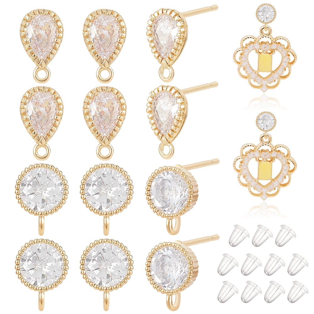 12Pcs 2 Style Flat Round Teardrop Brass Cubic Zirconia Stud Earring ...