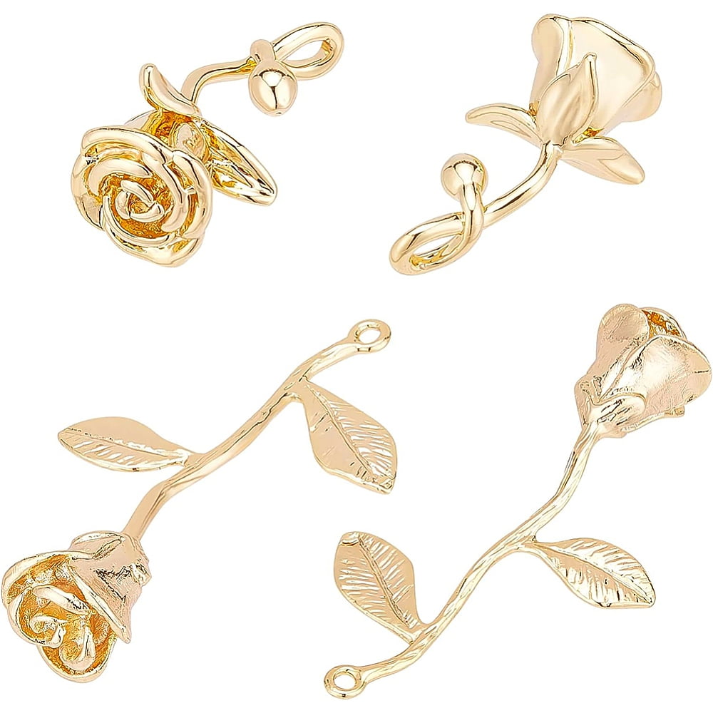 12Pcs 2 Style Gold Rose Charms Brass Elegant 3D Rose Branch Charms ...