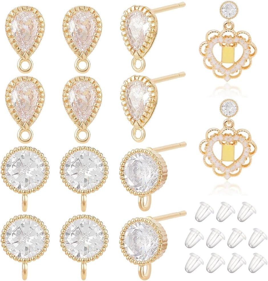 12Pcs 2 Style Real 18K Gold Plated Brass Cubic Zirconia Stud Earring ...