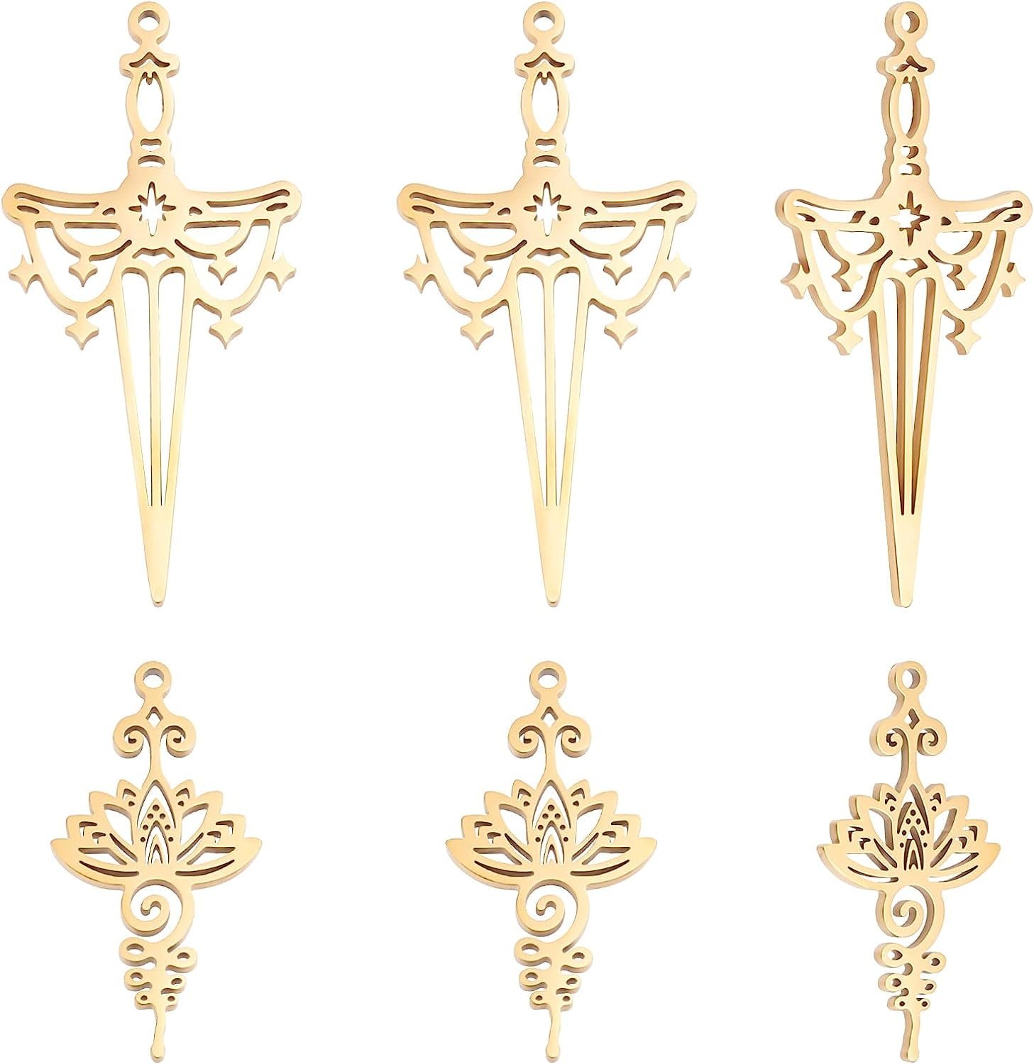 12Pcs 2 Style Sword Charms 18K Gold Plated Stainless Steel Hollow Lotus ...