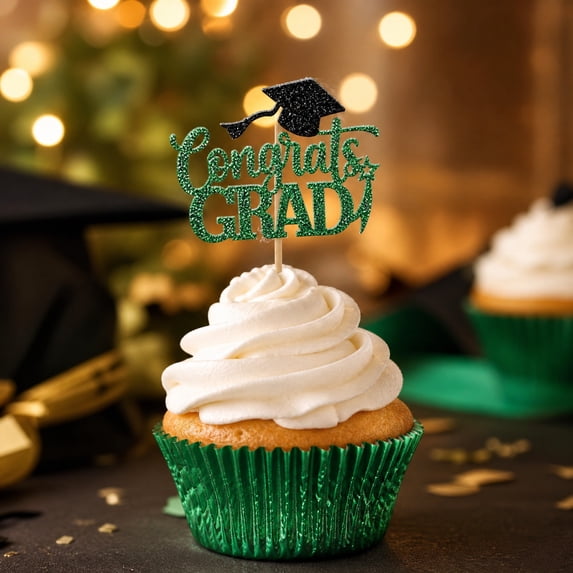 12Pcs 2026 Green and Gold Glitter Graduation Cupcake Toppers，Graduation ...