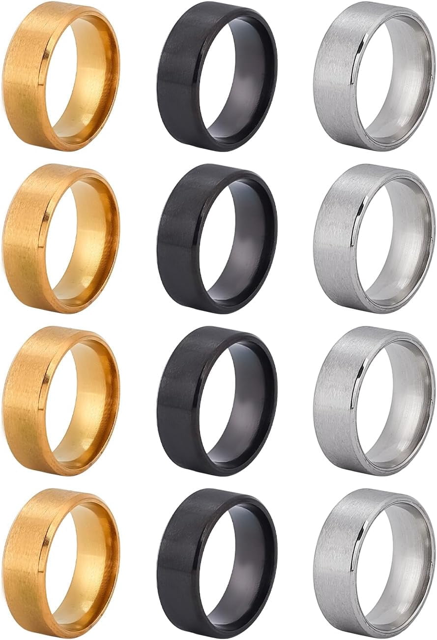 12Pcs 3 Colors 201 Stainless Steel Plain Wide Band Rings US Size 9 3/4 ...