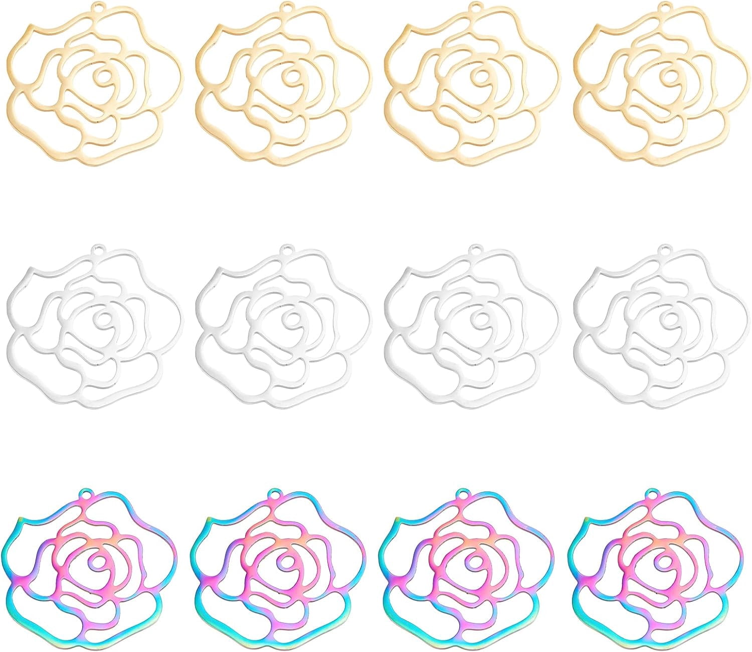 12Pcs 3 Colors Rose Flower Charms Stainless Steel 3 Colors Hollow ...