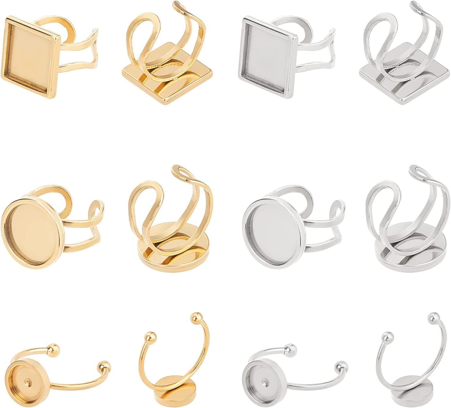 12Pcs 3 Styles Cuff Pad Ring Settings Stainless Steel Ring Blanks 8 ...
