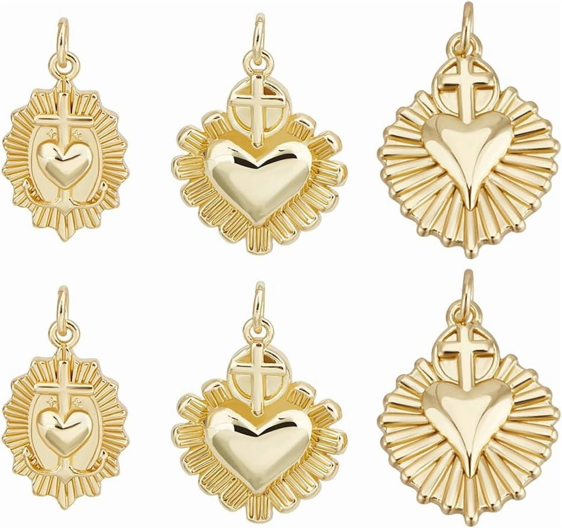 12Pcs 3 Styles Heart Charms 18K Gold Plated Brass Sacred Heart Charms ...