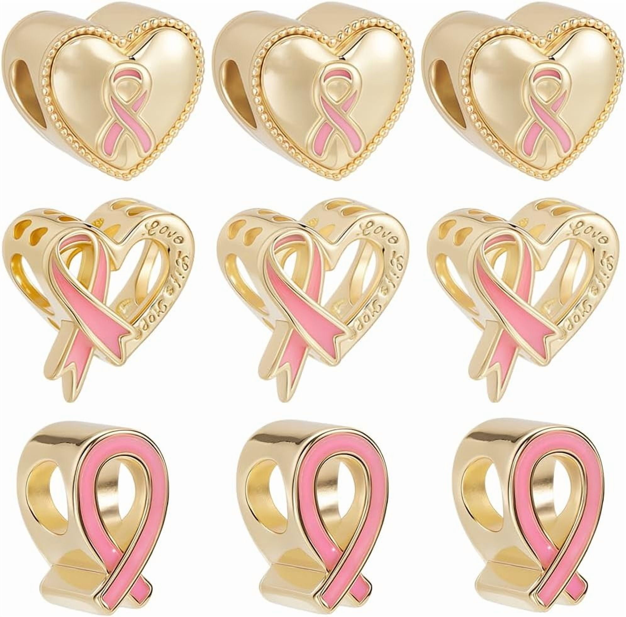 12Pcs 3 Styles Pink Ribbon Beads Breast Cancer Awareness Bead Enamel ...