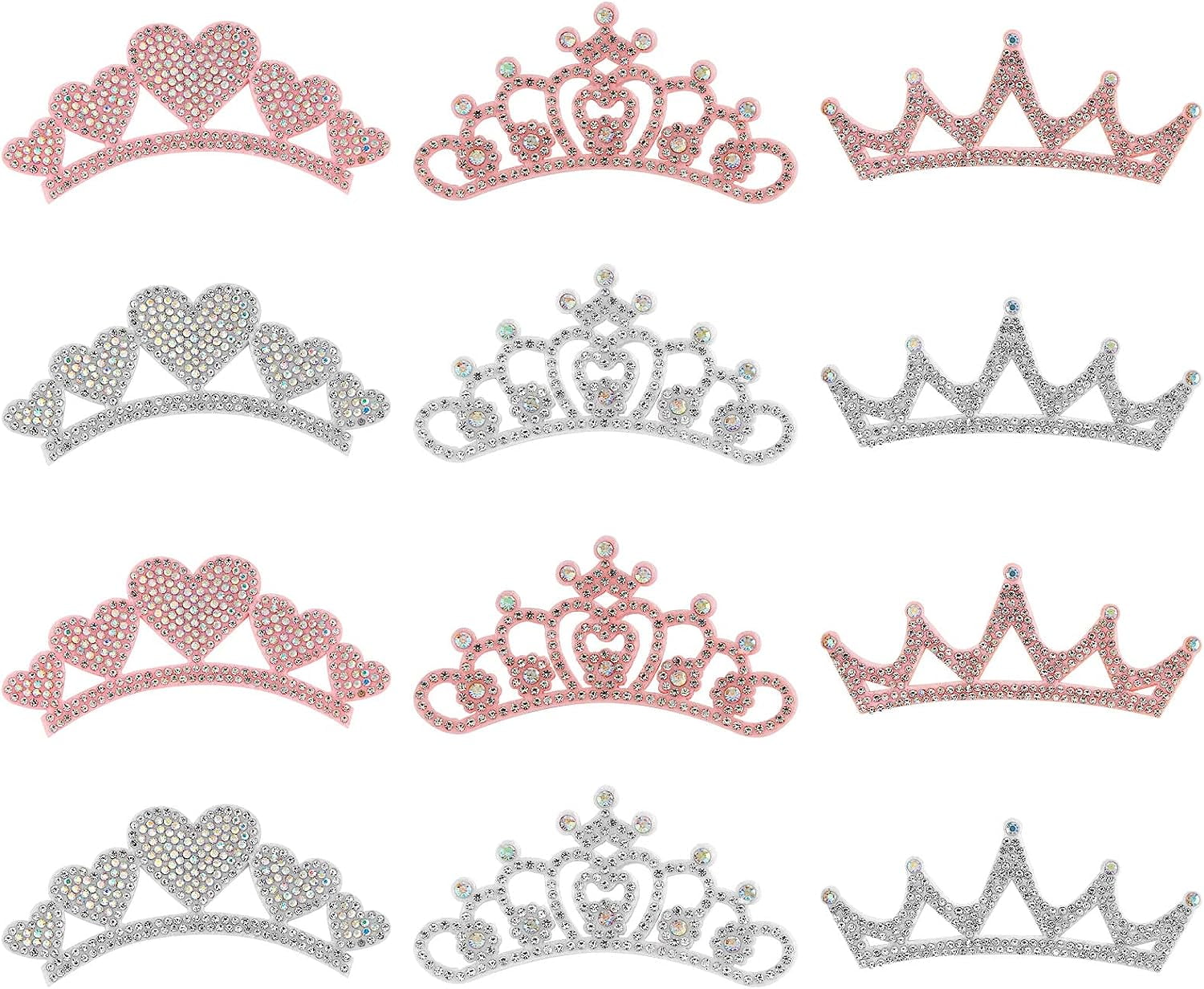 12Pcs 3 Styles Rhinestone Princess Cloth Applique Patch 2 Colors Embroidered Sewing Patch Heart ...