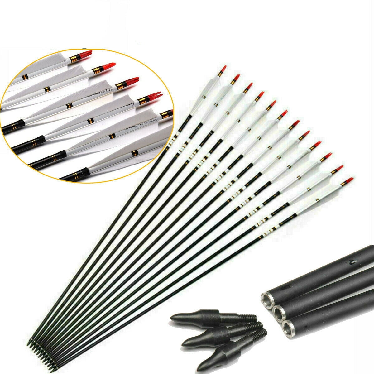 12Pcs 30"Archery Carbon Arrows Shaft SP500 W/Turkey Feather F ...