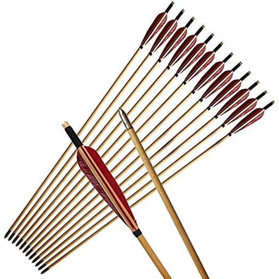 12Pcs 33'' Archery Handmade Wooden Arrows Red Turkey Feather Wood Shaft ...
