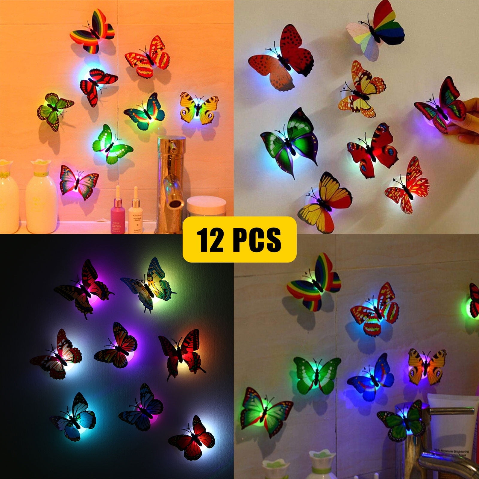12Pcs 3D Butterfly Wall Stickers Led Light - Removable Decals, Cute ...