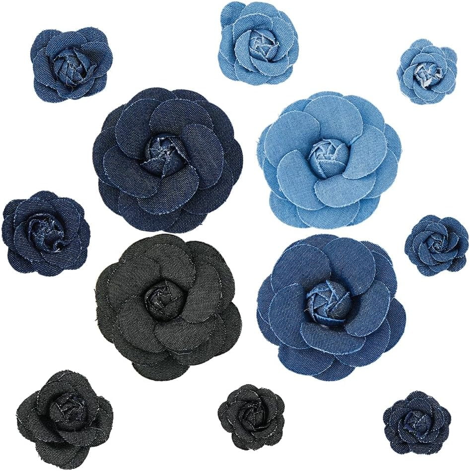 12Pcs 4 Sizes Denim Flower Blue Flower Embellishment 3D Floral Fabric ...