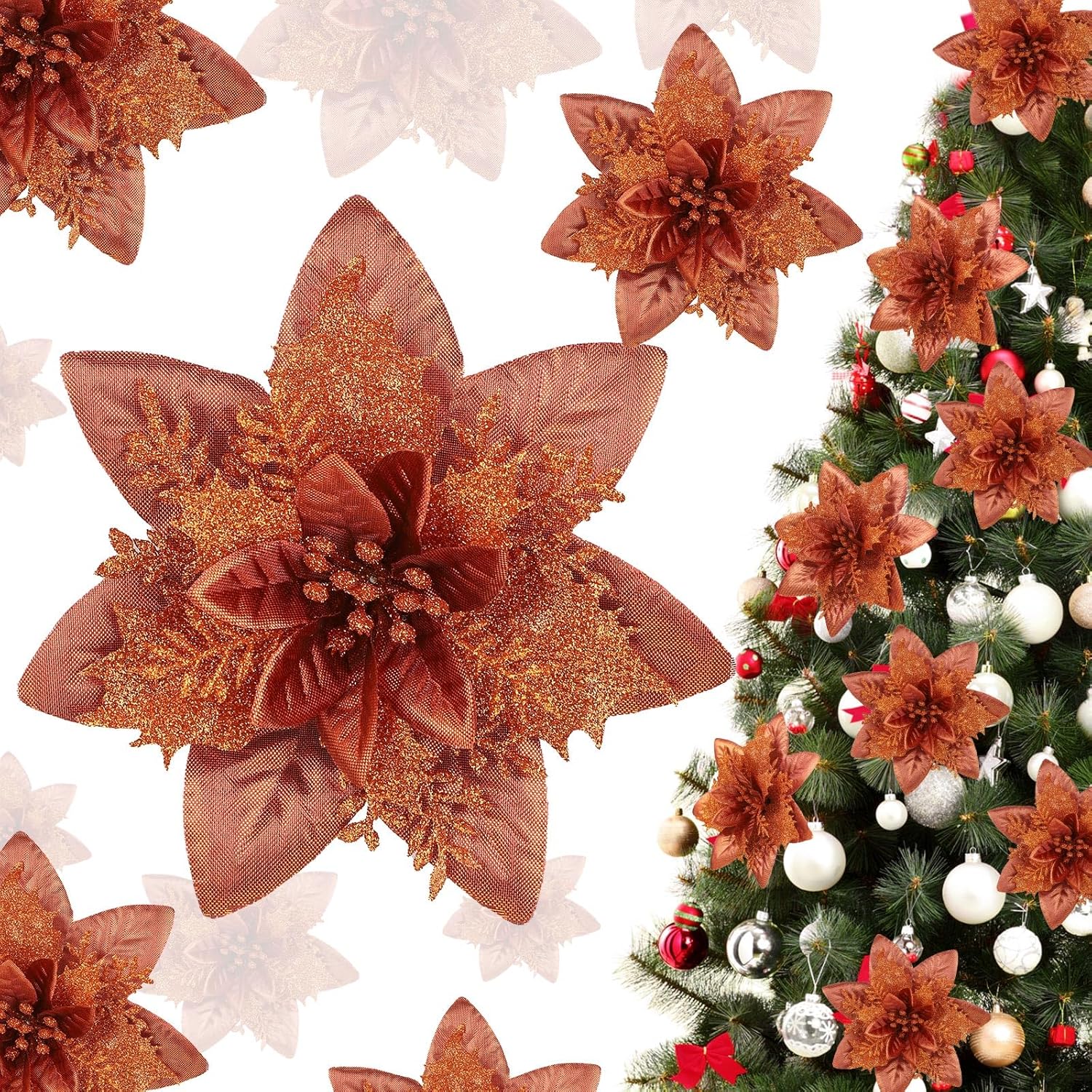 12Pcs 5.5inch Glitter Christmas Poinsettia Artificial Xmas Flower ...