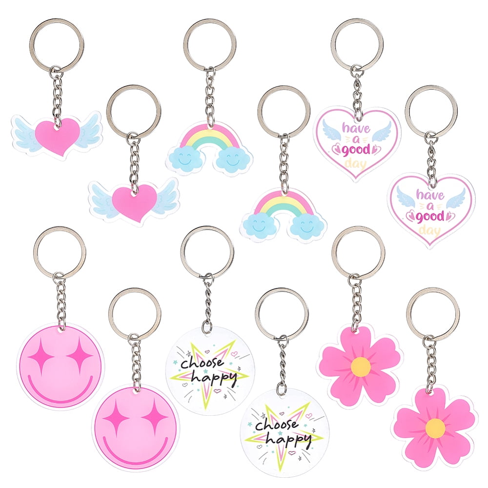 12Pcs 6 Style Acrylic Keychains with Iron Rings Mixed Shapes Platinum ...