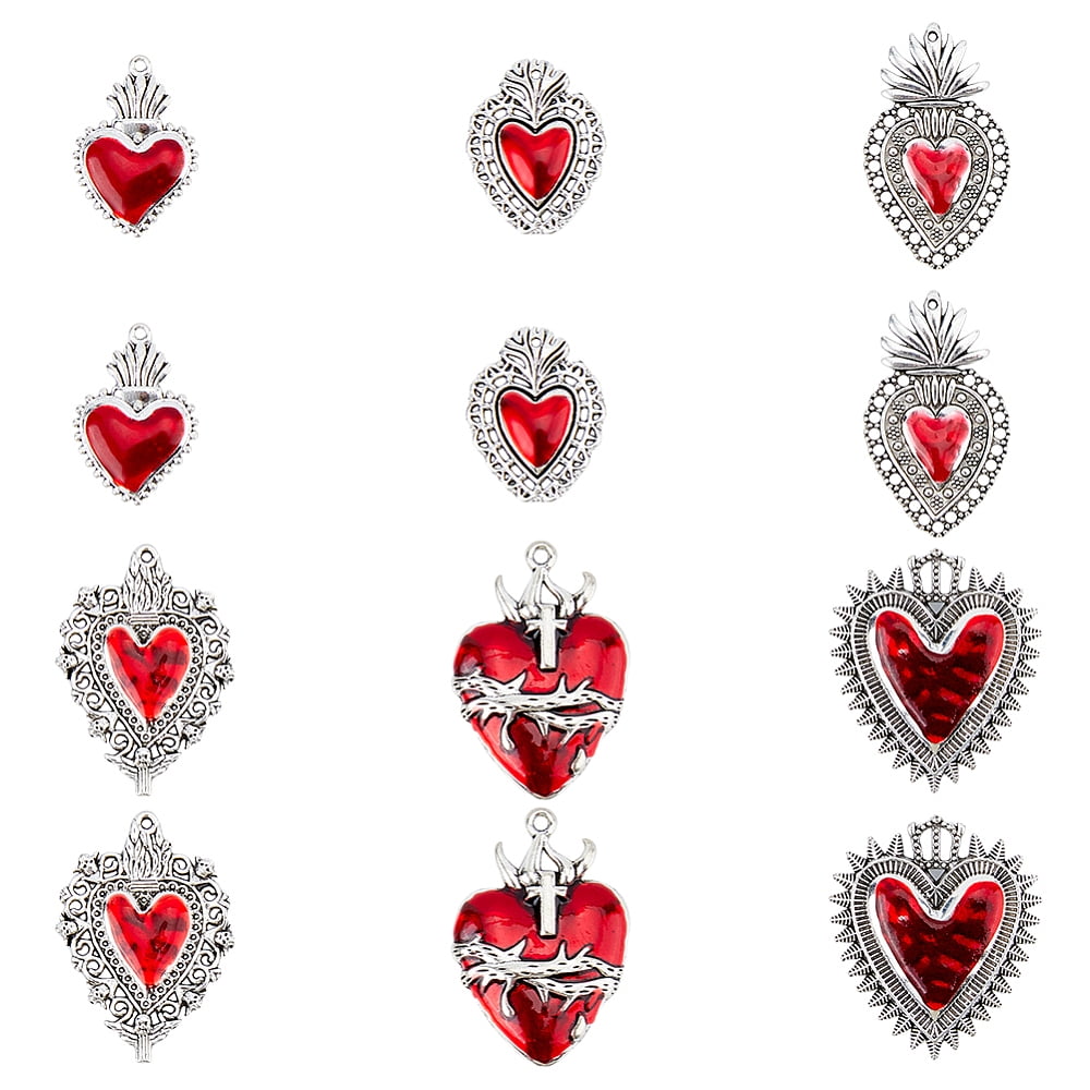 12Pcs 6 Style Alloy Enamel Pendants Silver Heart Charm FireBrick 29 ...