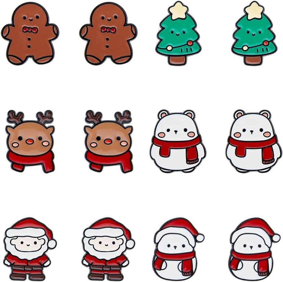 12Pcs 6 Style Christmas Theme Enamel Lapel Pins Black Alloy Brooches ...